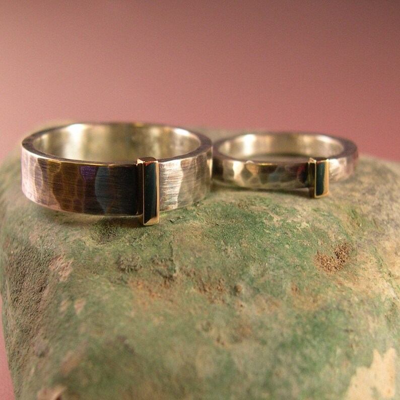 Hand Forged Wedding Band Set14k Gold Bar Wedding Set - Etsy