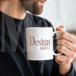 11 Oz White Mug Mockup: Male Model Holding Ceramic Mug, Neutral Tones ...