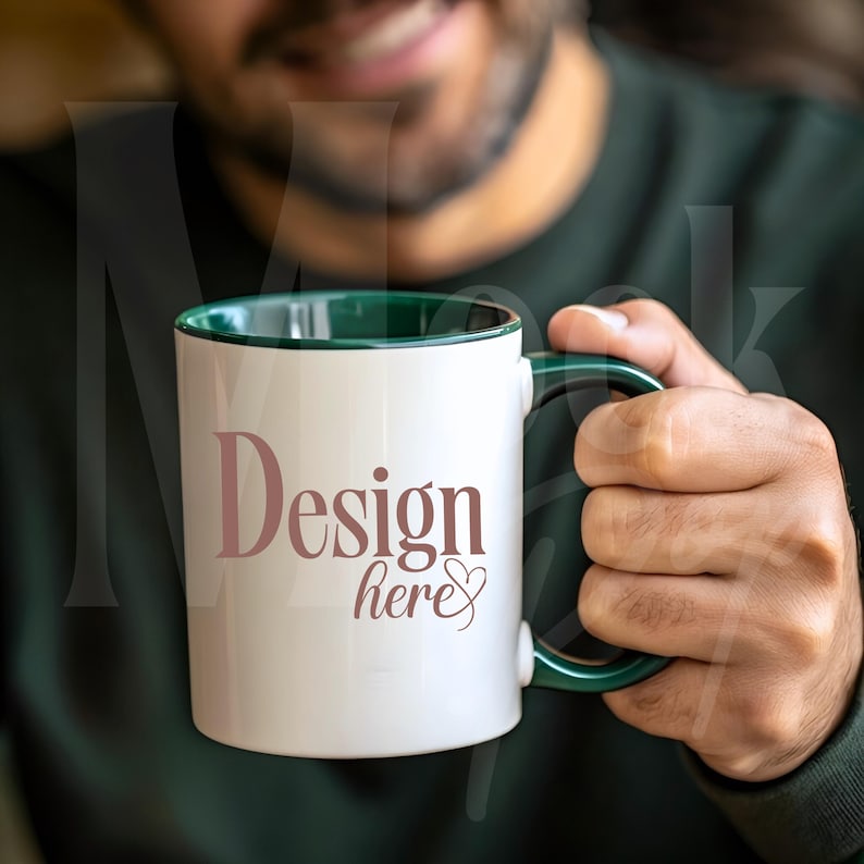 Male Mug Mockup: 11 Oz Two Tone Dark Green Coffee Cup, Lifestyle Scene ...