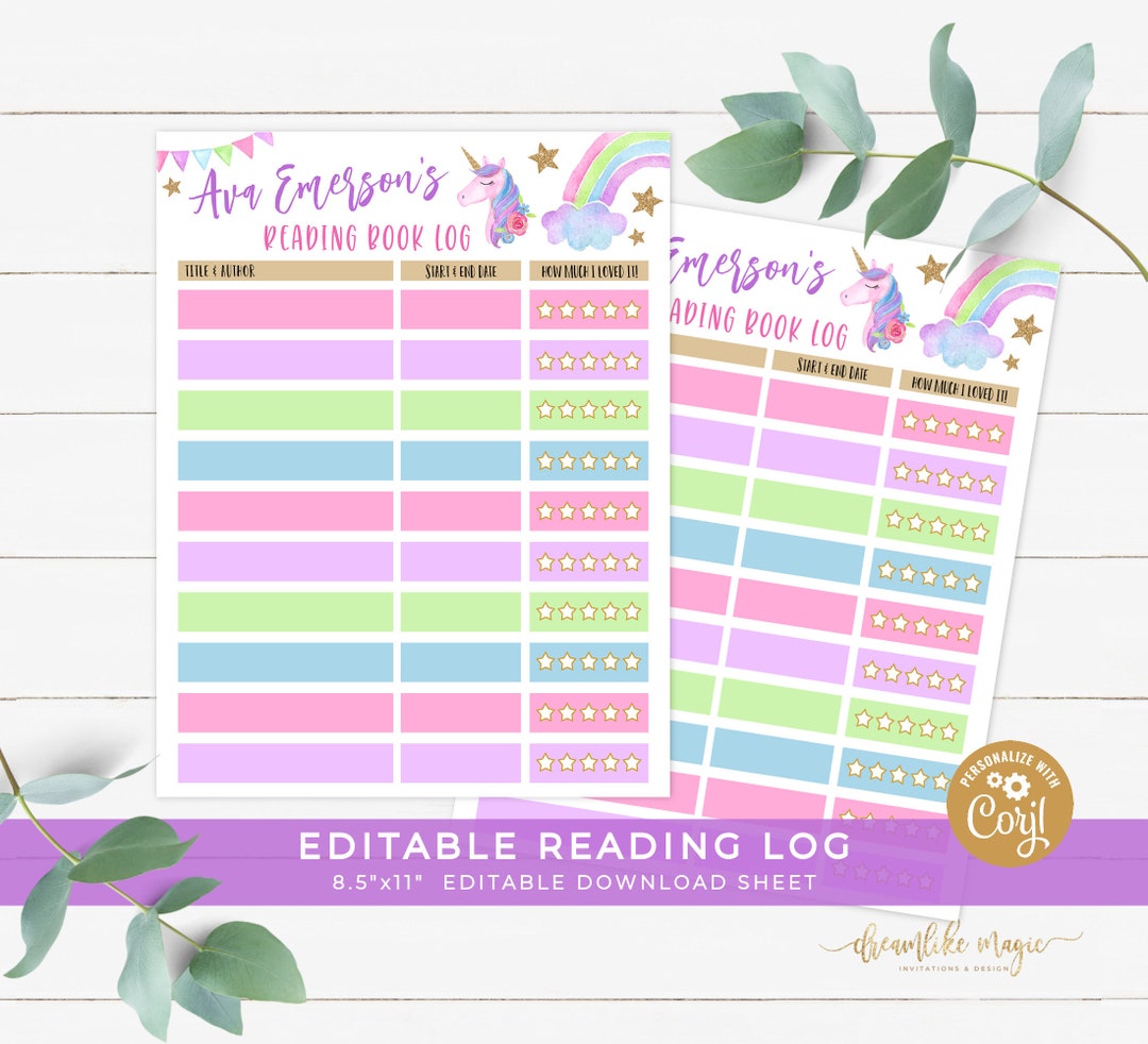 Unicorn Reading Log, Editable Reading Log Instant Download, Homeschool ...