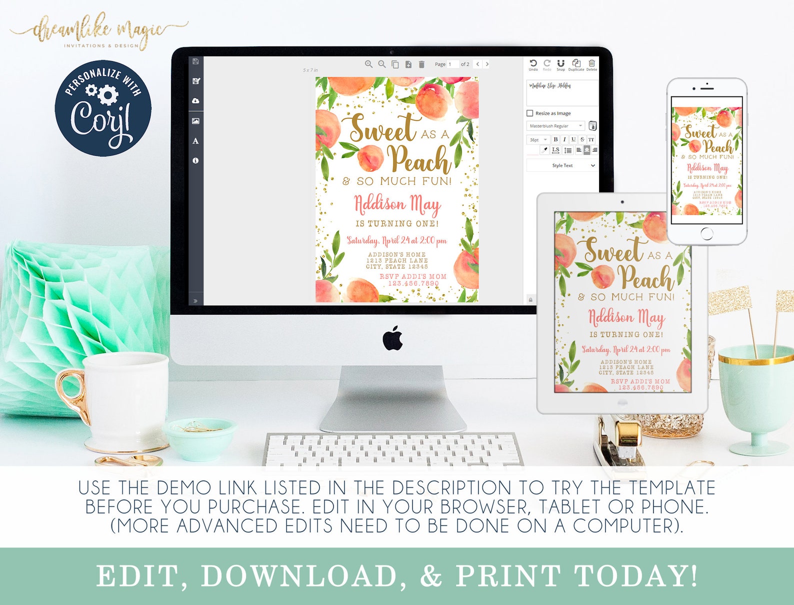 Peach First Birthday Invitation, Sweet as a Peach Girl First Birthday ...
