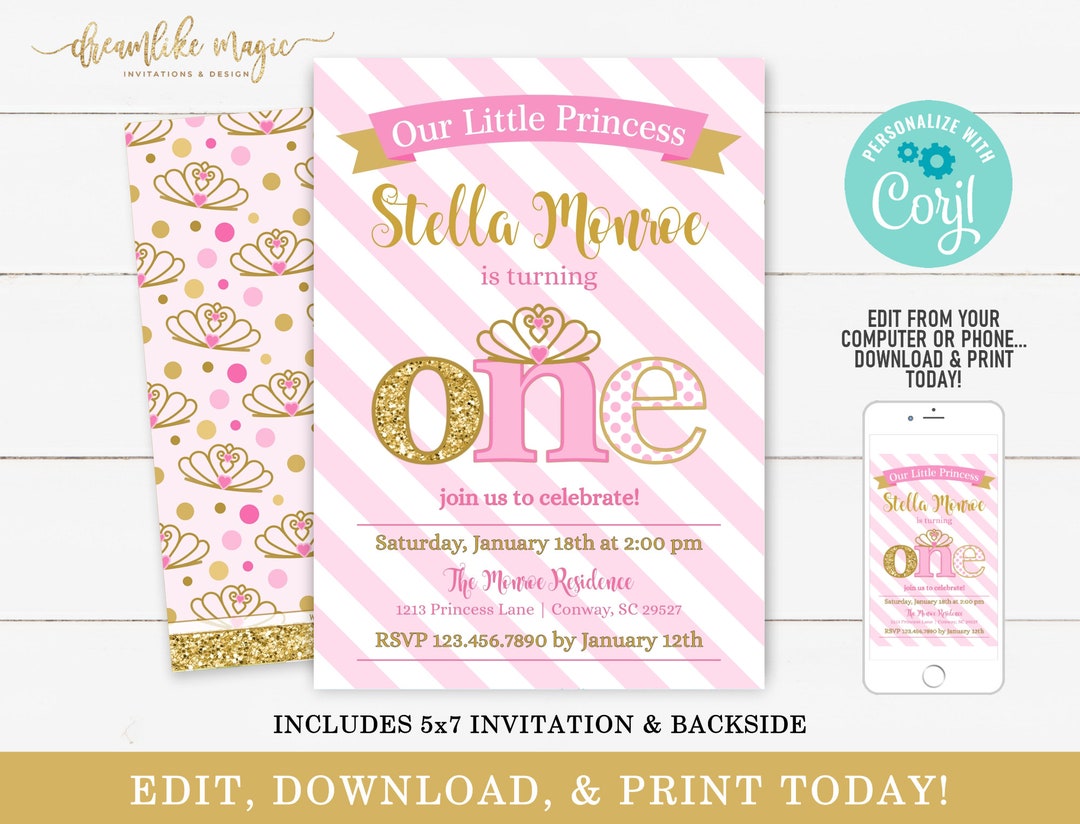 Princess Birthday Invitation, 1st Birthday Party Invite, Editable ...