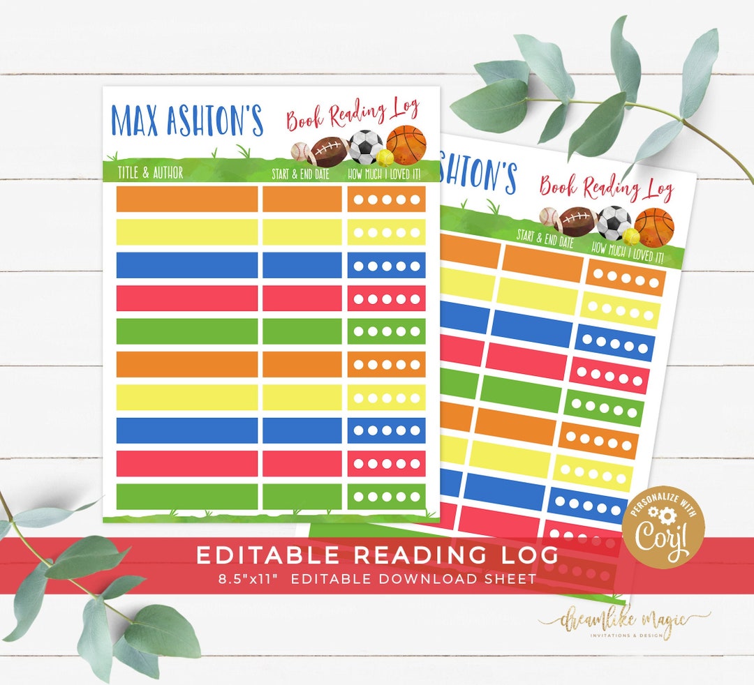 Editable Reading Log Instant Download, Sports Boy Reading Log ...