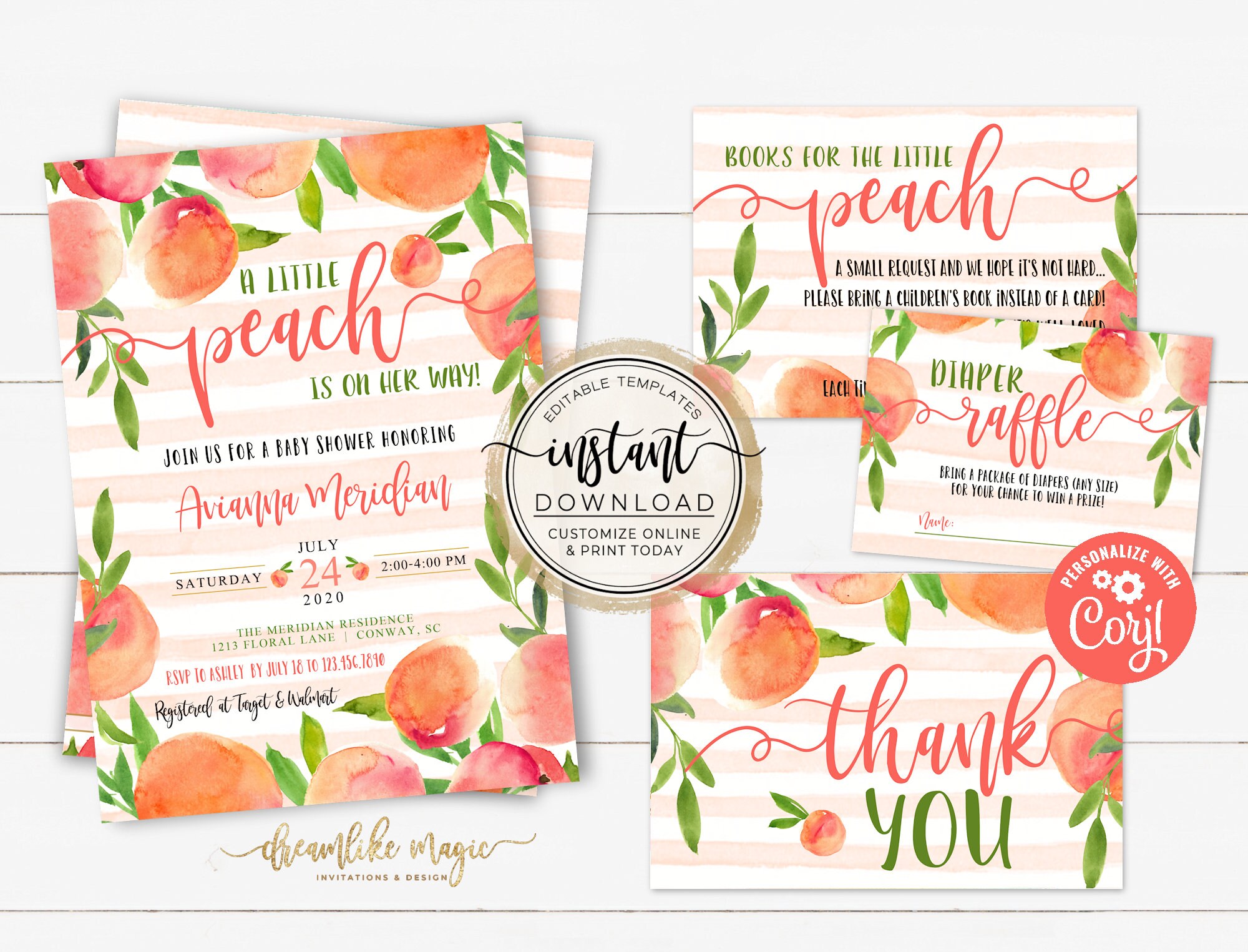 Peach Baby Shower Set Sweet as a Peach Editable Template | Etsy