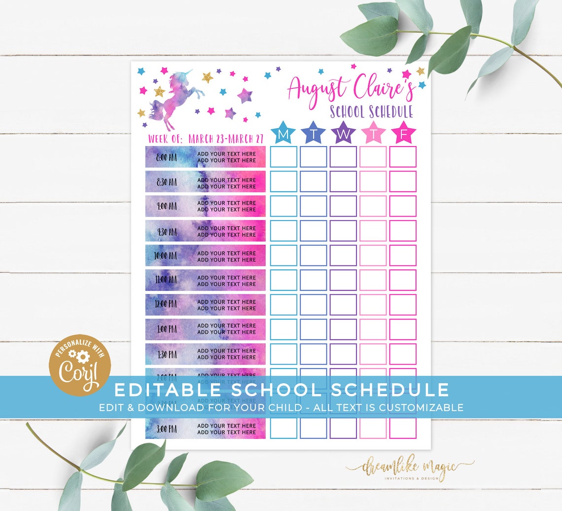 Unicorn Magical Editable Home School Schedule Daily Routine | Etsy