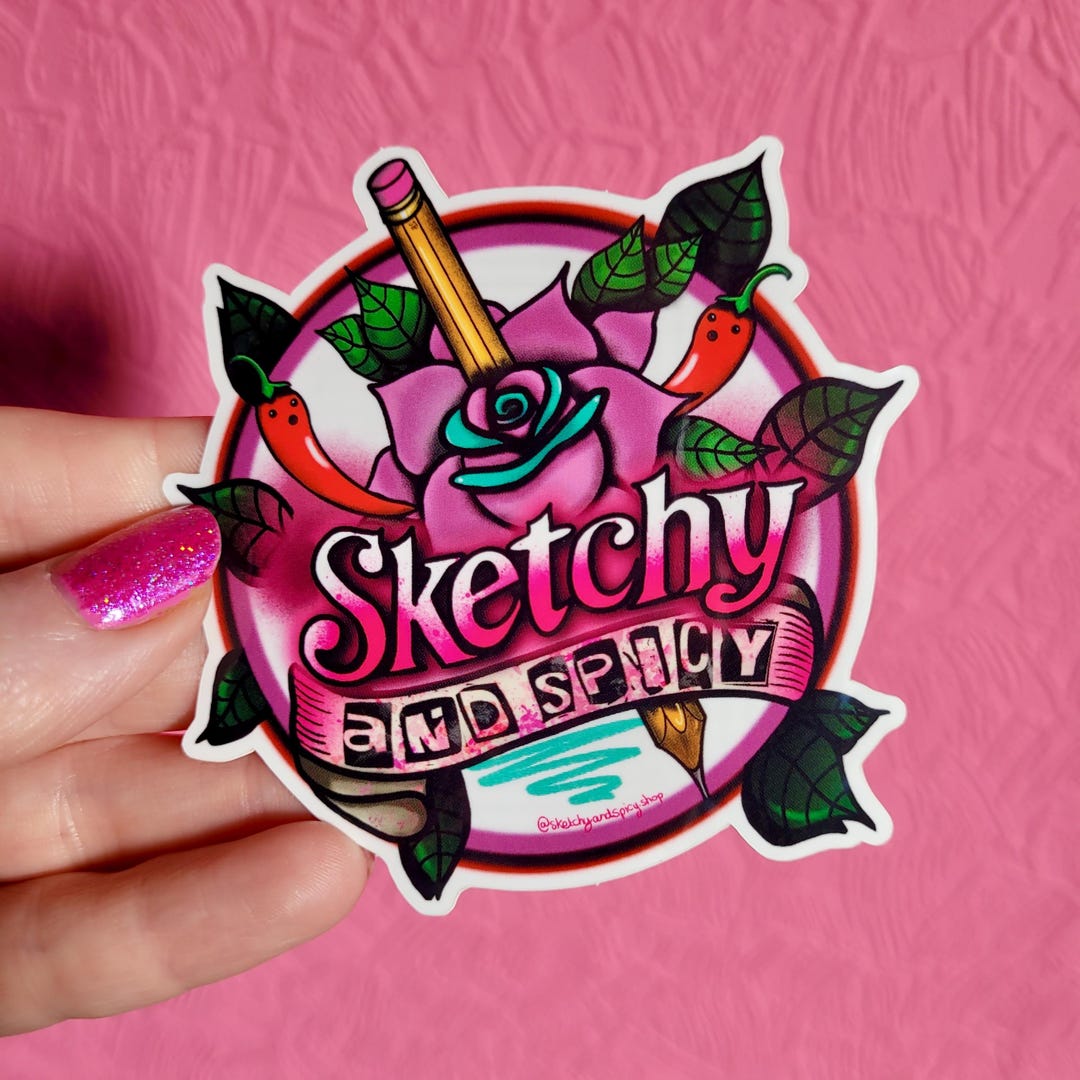 Sketchy and Spicy Logo Die Cut Sticker. Pink, Traditional Rose Tattoo ...