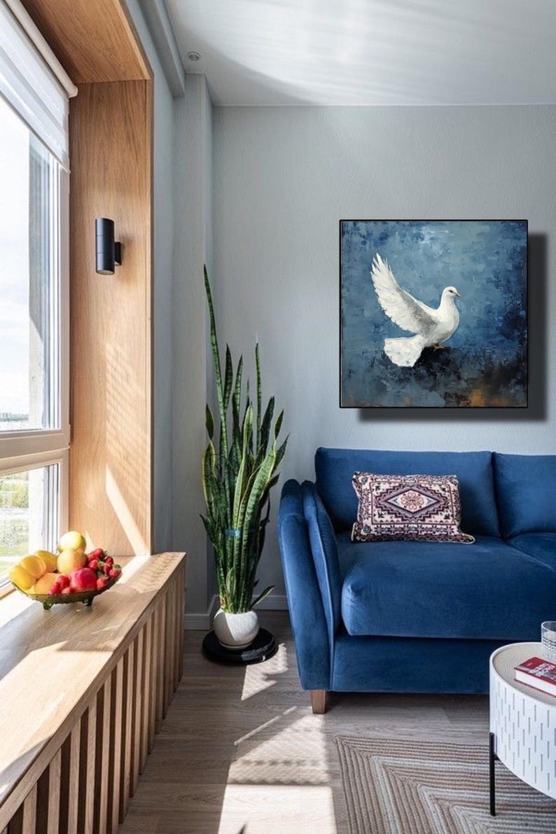 Dove on Blue Background Acrylic Handmade Painting Beautiful Light ...