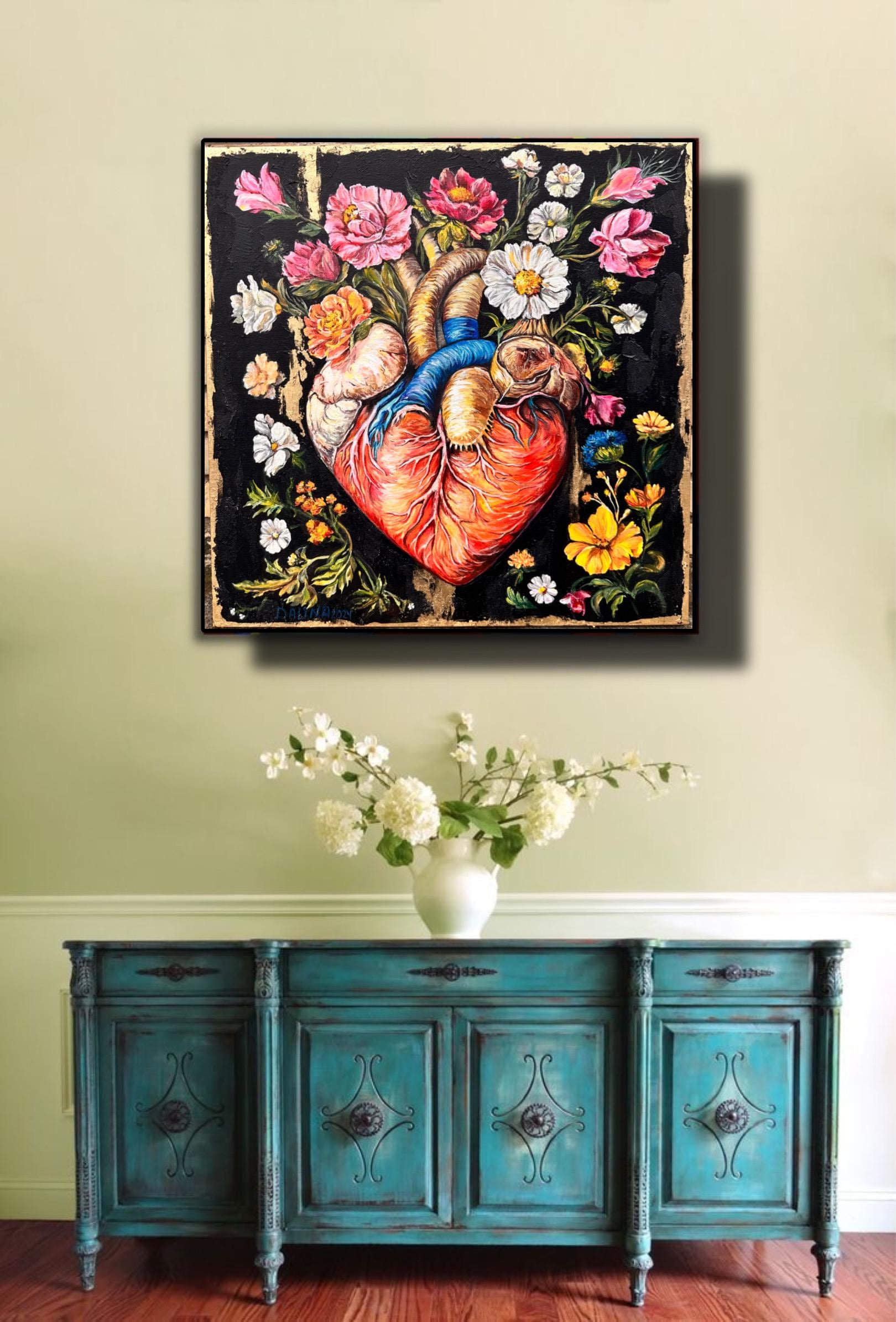 Acrylic Painting Anatomical Heart Blooming With Beautiful Flowers on a ...