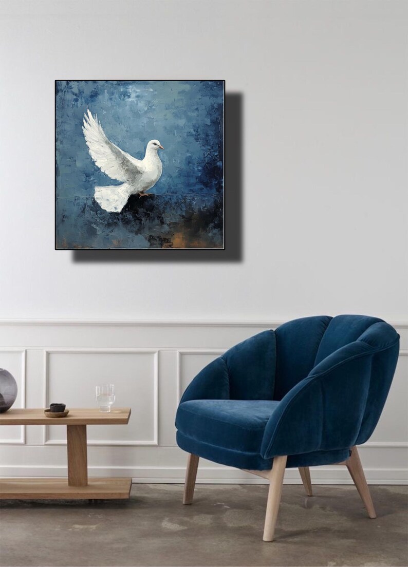 Dove on Blue Background Acrylic Handmade Painting Beautiful Light ...