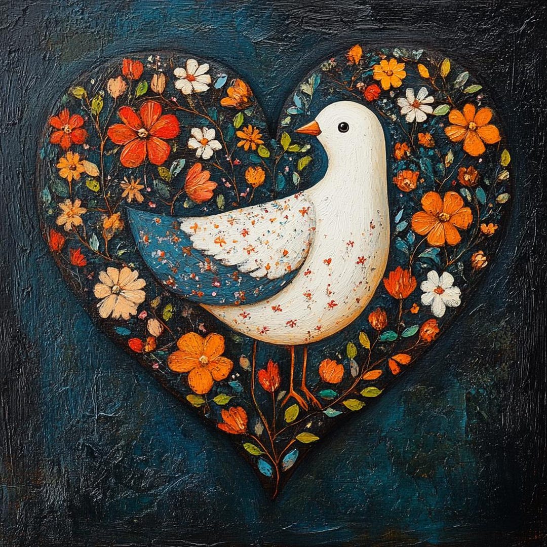 Naive Art Dove Painting: Floral Heart, Symbol of Peace - Etsy