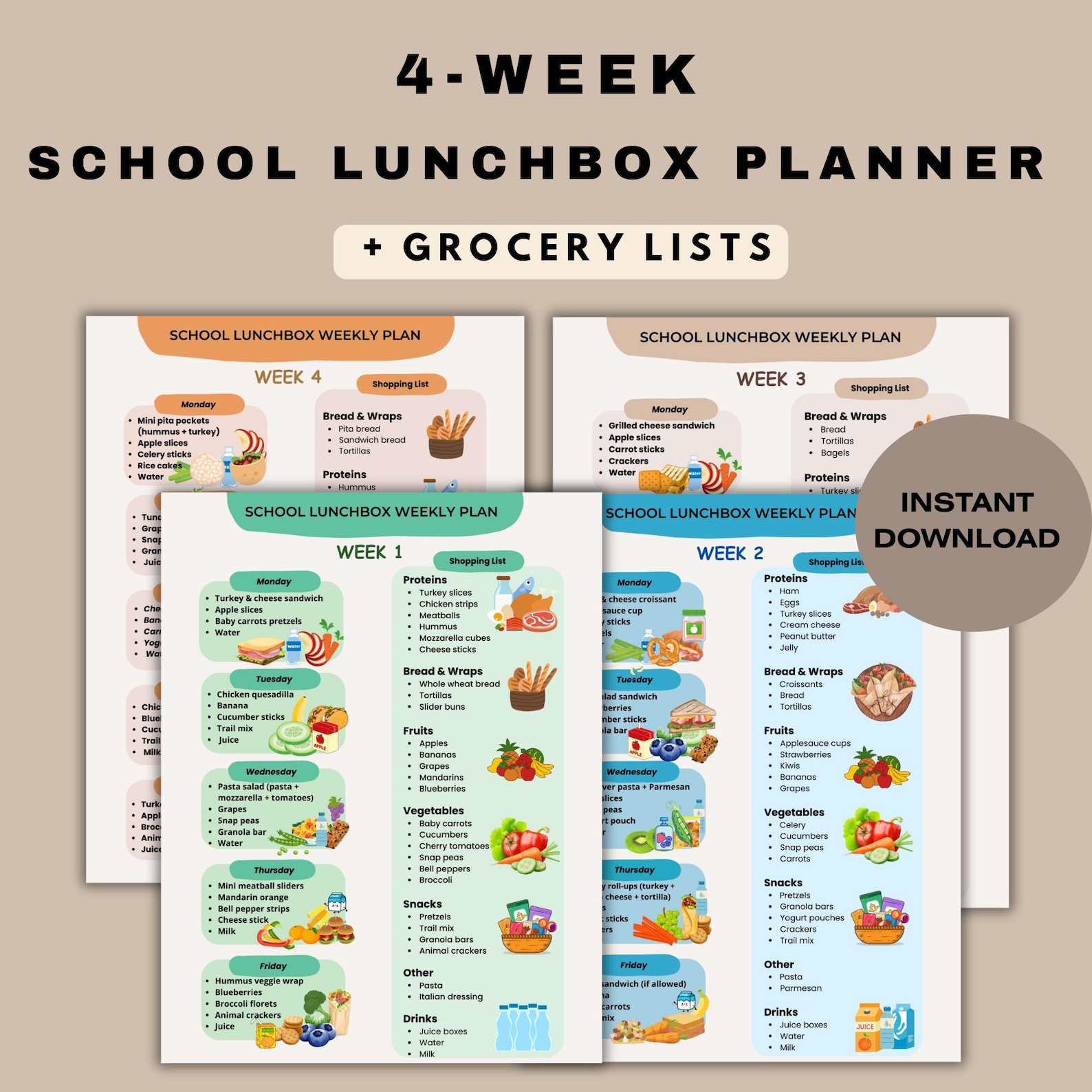 Kids Lunchbox Planner Printable, School Lunch Ideas for Kids, Weekly ...