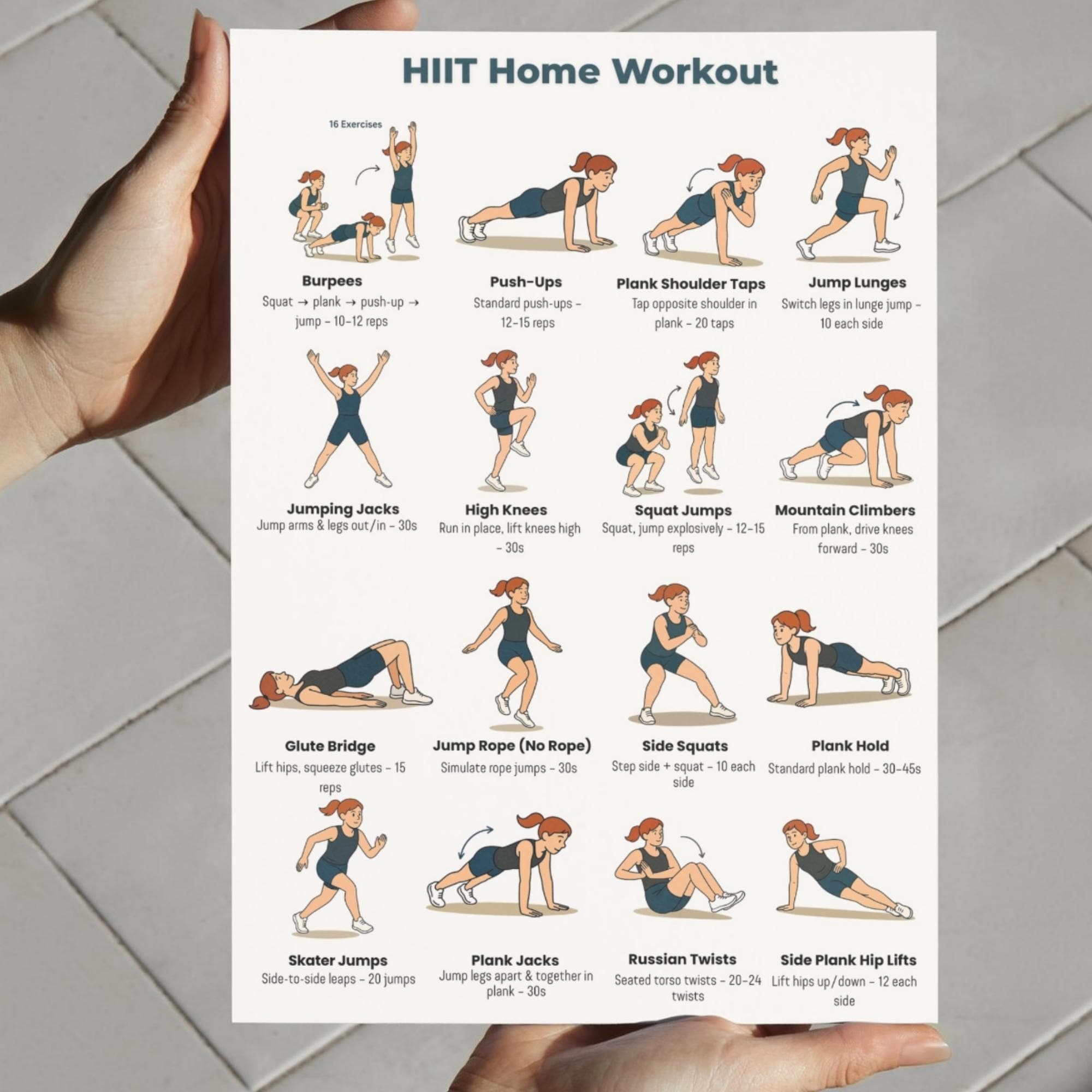 HIIT Home Workout Printable | Full Body Cardio Exercise Chart | 16 ...