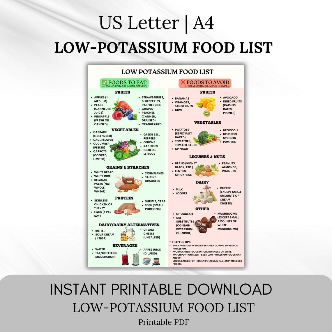 Low Potassium Food List PDF • CKD & Kidney-friendly Chart • Low Sodium ...