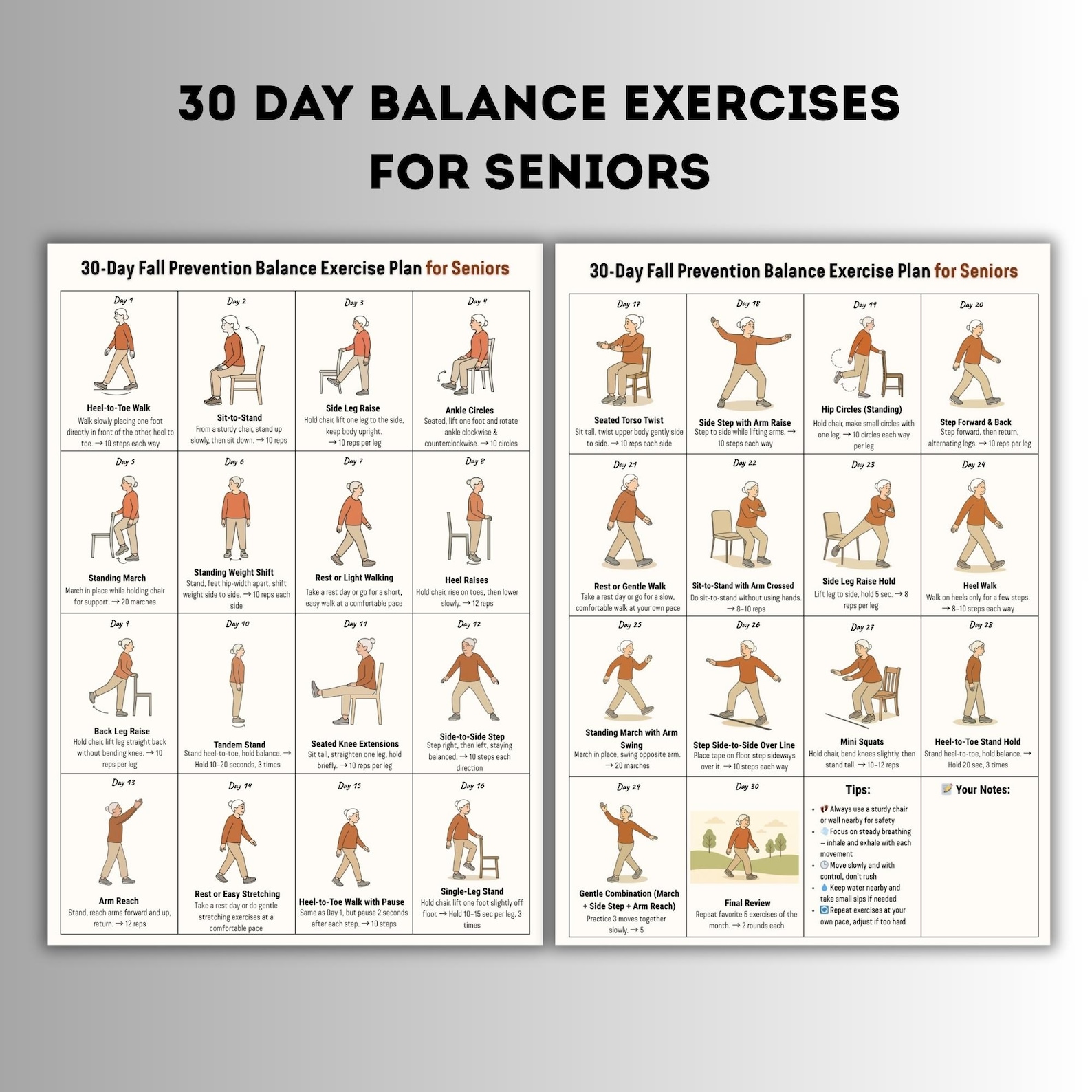 30 Day Balance Exercises for Seniors Printable | Fall Prevention ...