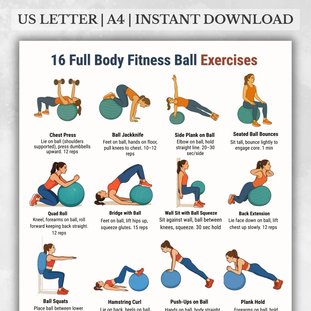 16 Full Body Fitness Ball Exercises Workout Poster Stability Ball