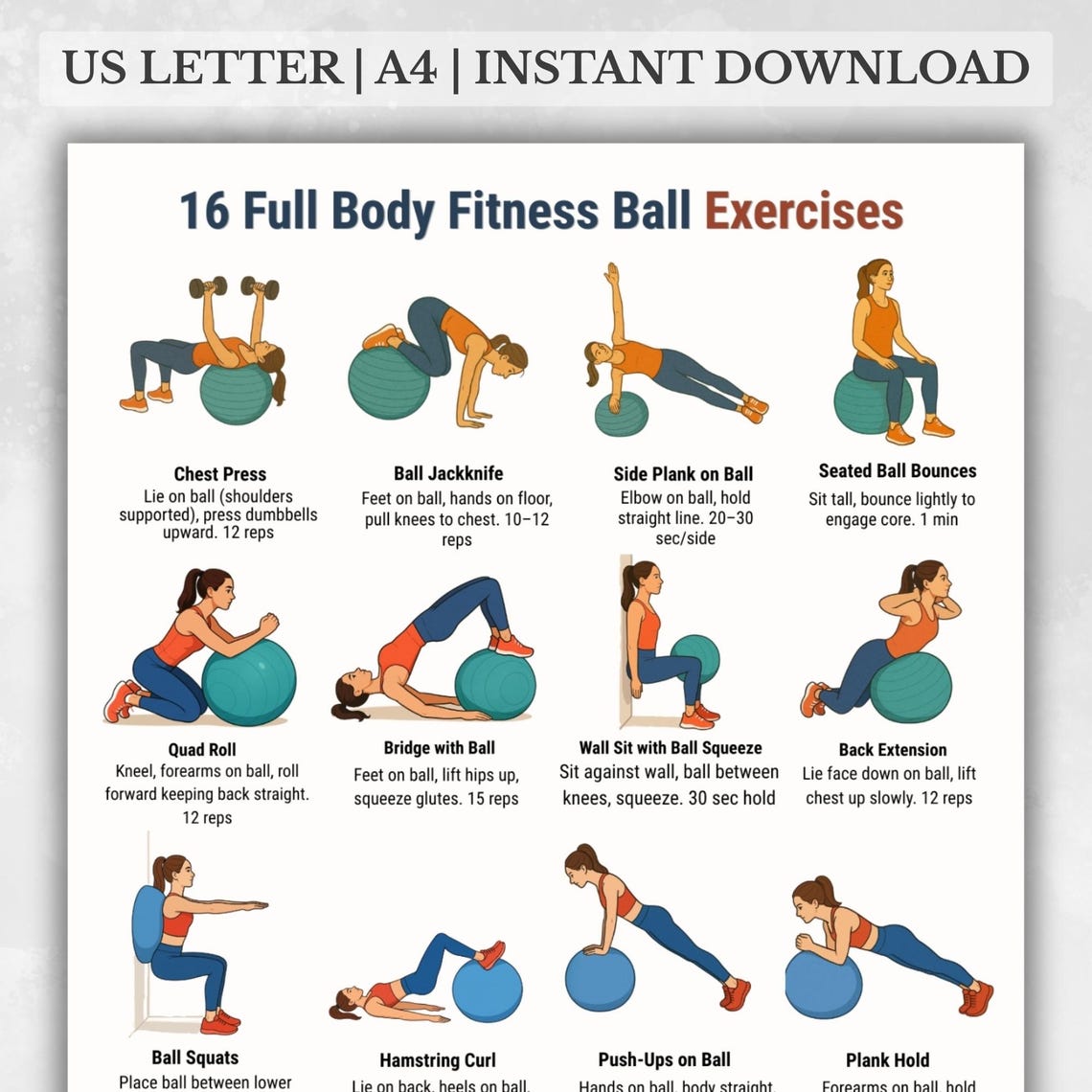 16 Full Body Fitness Ball Exercises Workout Poster, Stability Ball ...