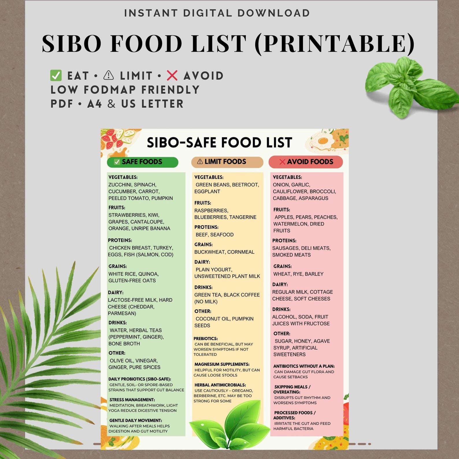 SIBO Safe Food List Pdf | Low FODMAP Chart Printable | What to Eat, Limit and Avoid | Gut Health ...