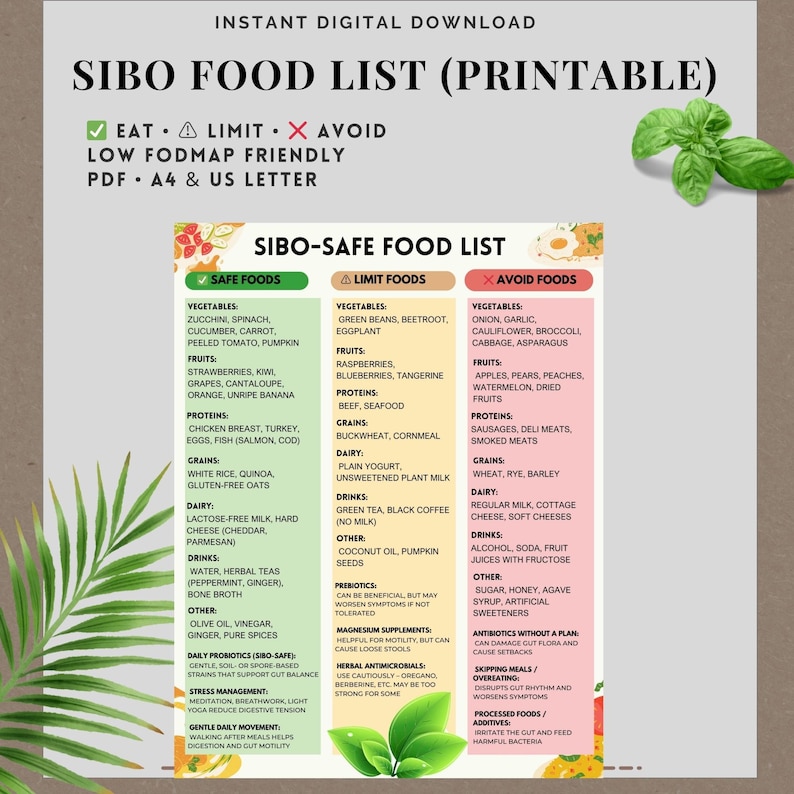 SIBO Safe Food List Pdf | Low FODMAP Chart Printable | What to Eat, Limit and Avoid | Gut Health ...