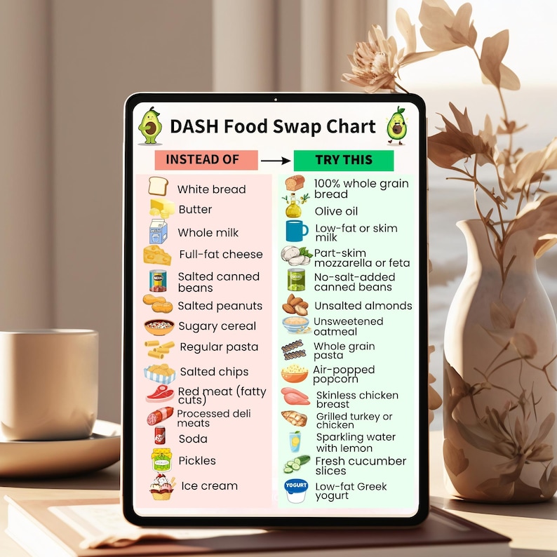 DASH Food Swap Chart, Low Sodium Grocery Swaps, DASH Diet Food List ...
