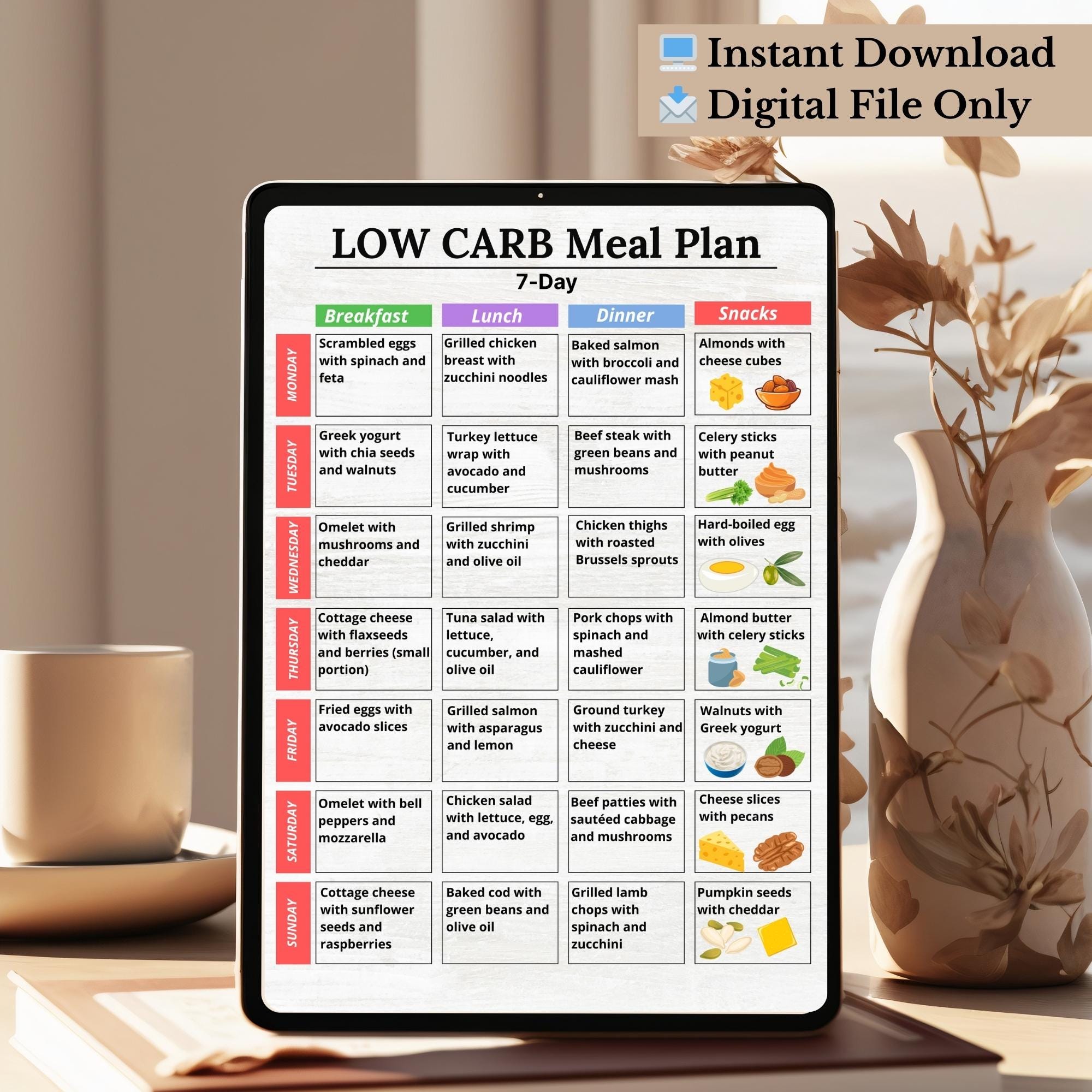 Low Carb Meal Plan 7 Day, Low Carb Diet PDF, Keto Meal Planner, Low ...