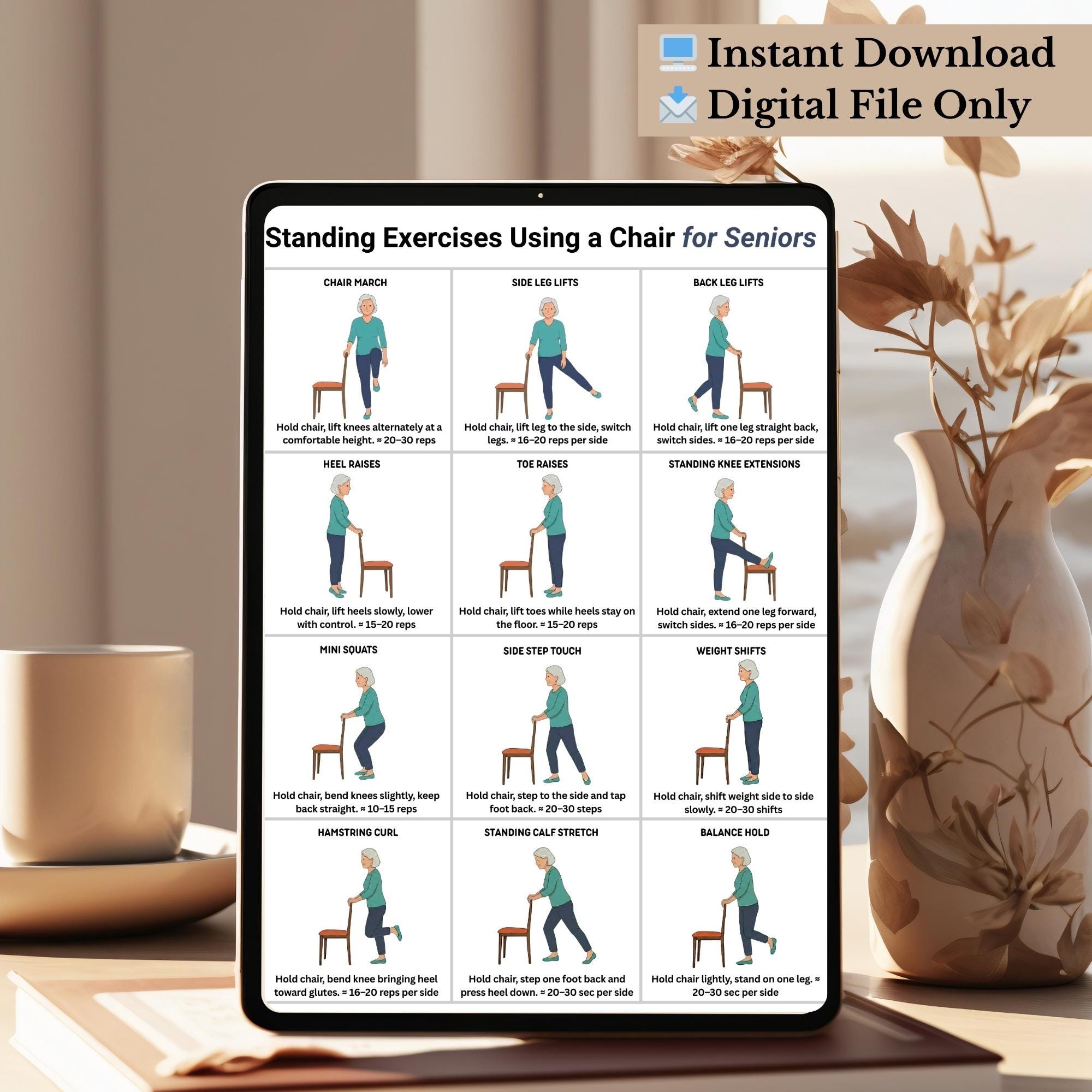 Seniors Chair Exercises Standing Printable PDF | Low Impact No Jump ...