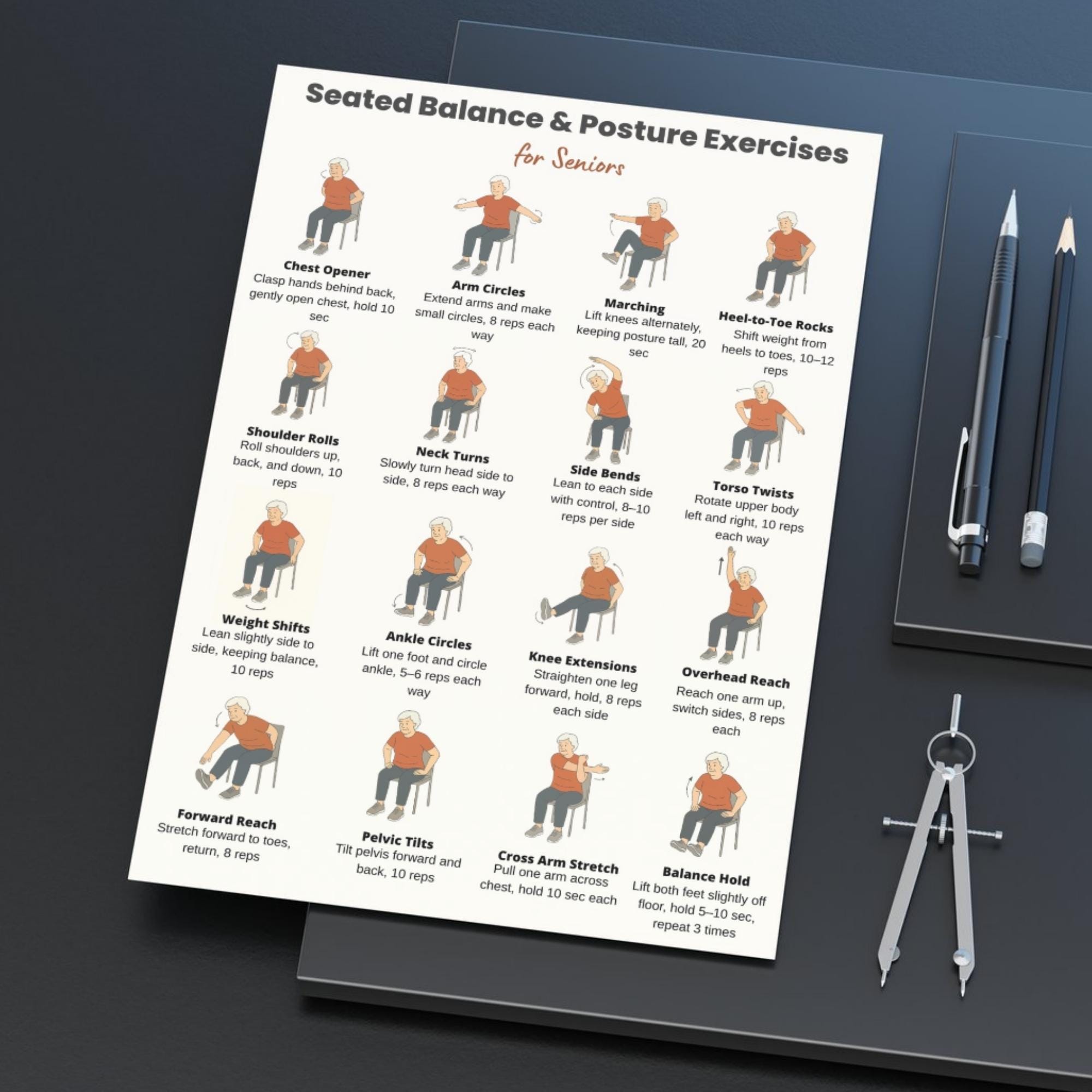 Seated Balance and Posture Exercises for Seniors Printable, Chair ...