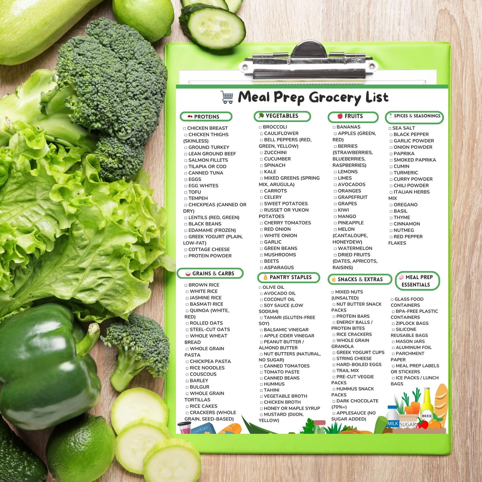 Meal Prep Grocery List PDF – Clean Eating Food Checklist, Weekly Meal ...