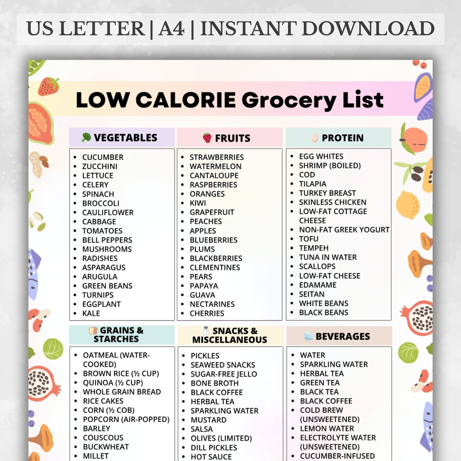 Low Calorie Grocery List, Low Calorie Food List Printable, Calorie ...