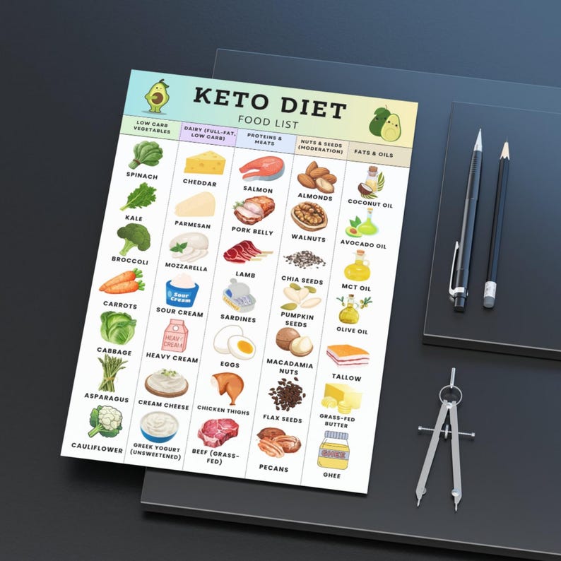 Keto Diet Food Chart Printable, Low Carb, High Fat, Sugar-free Foods by ...