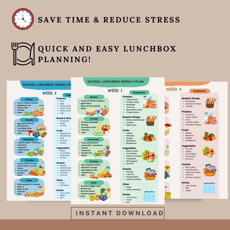 Kids Lunchbox Planner Printable, School Lunch Ideas for Kids, Weekly Meal Plan & Grocery List ...