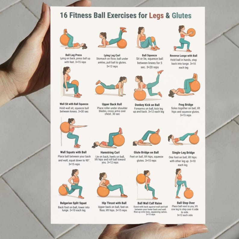 16 Fitness Ball Exercises for Legs & Glutes Workout Poster, Stability ...
