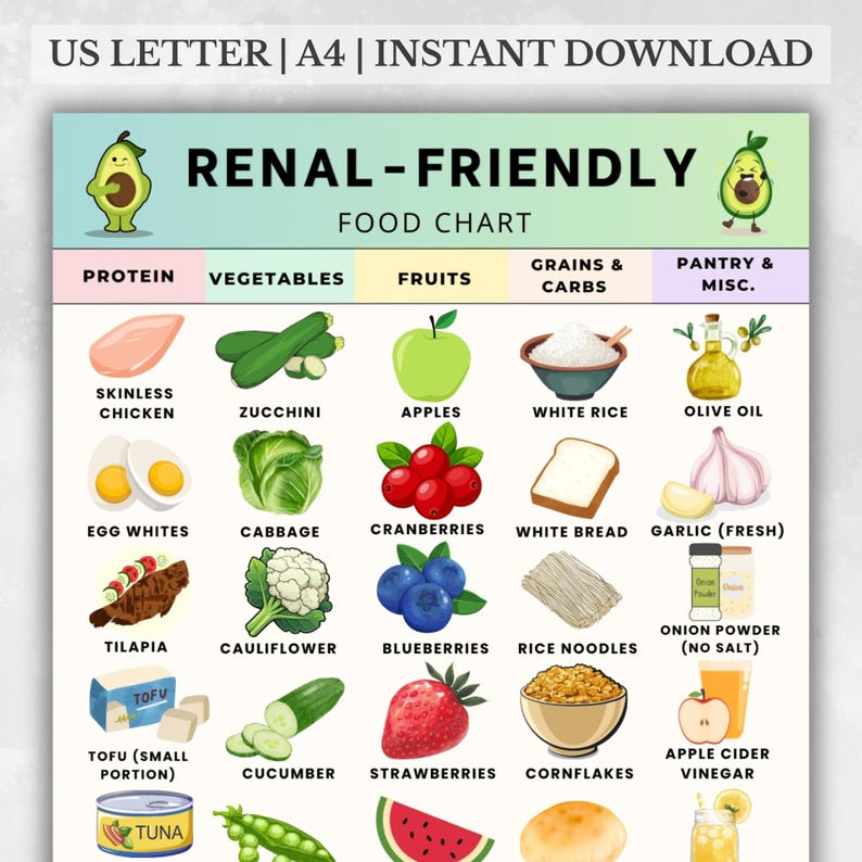 Renal-friendly Food Chart PDF, Low Potassium Grocery List, Kidney Food ...