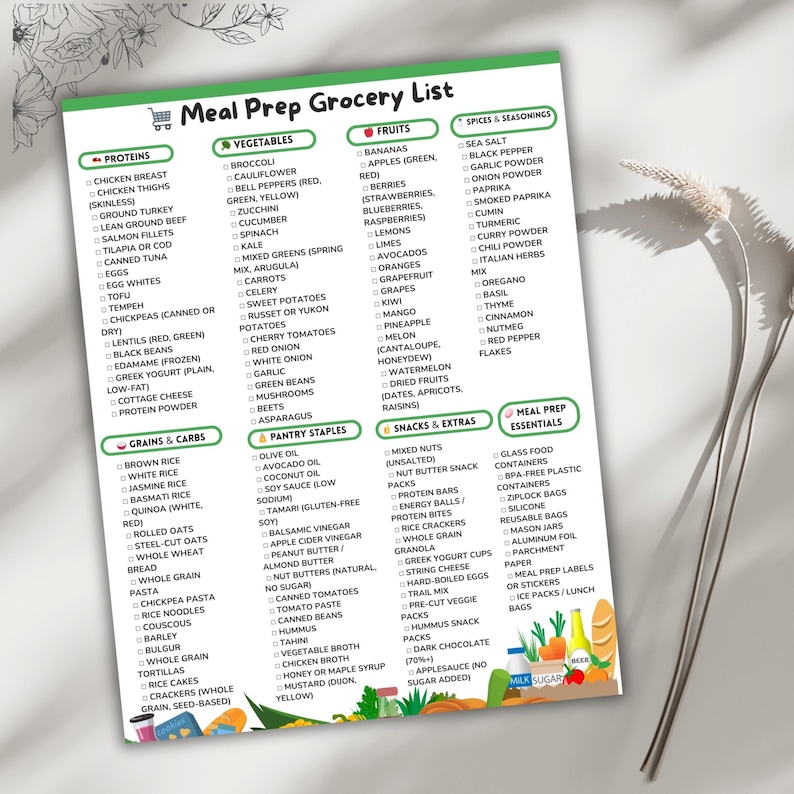 Meal Prep Grocery List PDF – Clean Eating Food Checklist, Weekly Meal ...