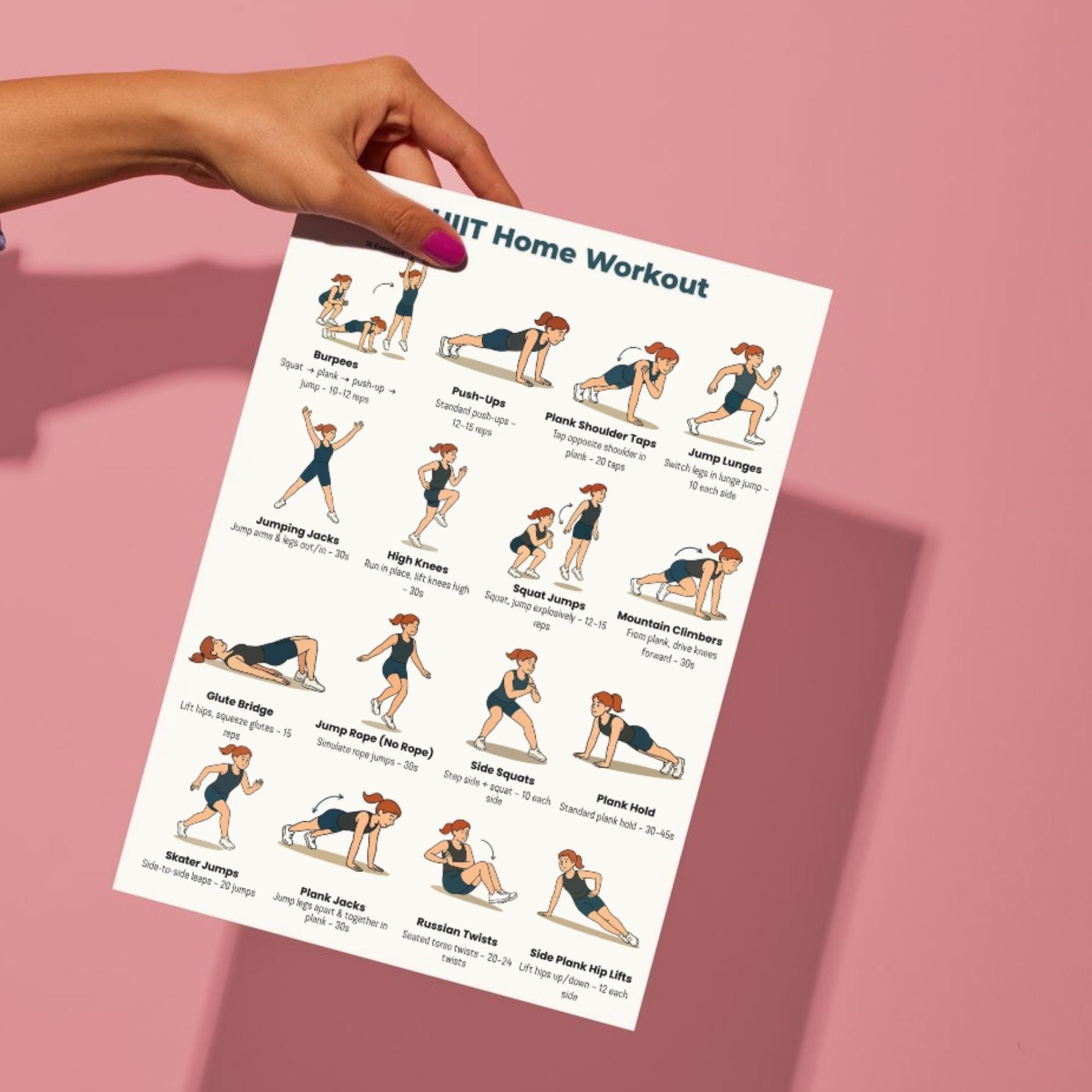 HIIT Home Workout Printable | Full Body Cardio Exercise Chart | 16 ...