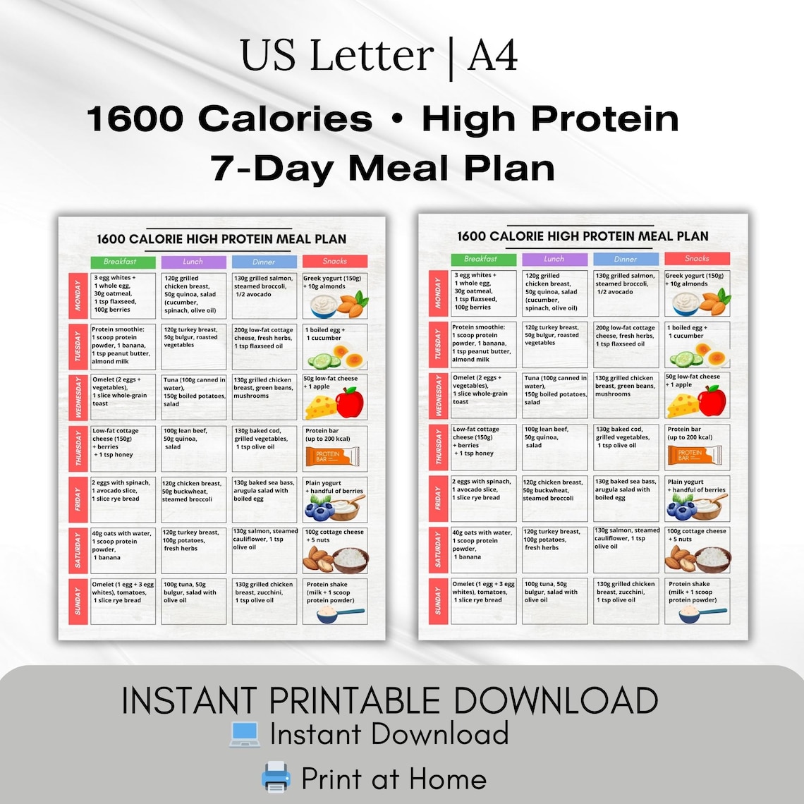 1600 Calorie High Protein Meal Plan PDF, Low Carb Food Chart, 7-day ...