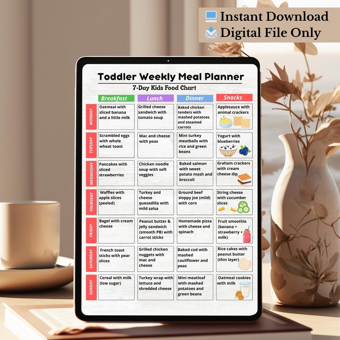 Toddler Weekly Meal Planner, 7-day Kids Food Chart, Printable Meal ...
