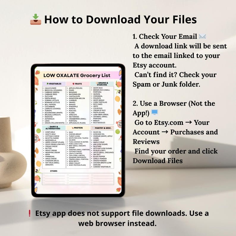 Low Oxalate Grocery List PDF, Low Oxalate Food List, Kidney Food Chart, Kidney Stone Diet ...