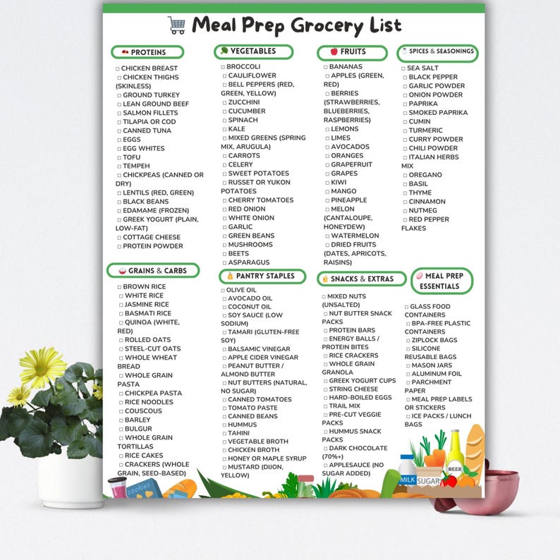 Meal Prep Grocery List PDF – Clean Eating Food Checklist, Weekly Meal Planning Guide, Whole Food ...