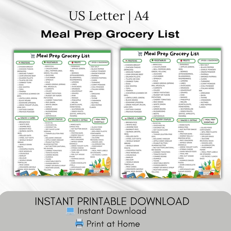 Meal Prep Grocery List PDF – Clean Eating Food Checklist, Weekly Meal ...