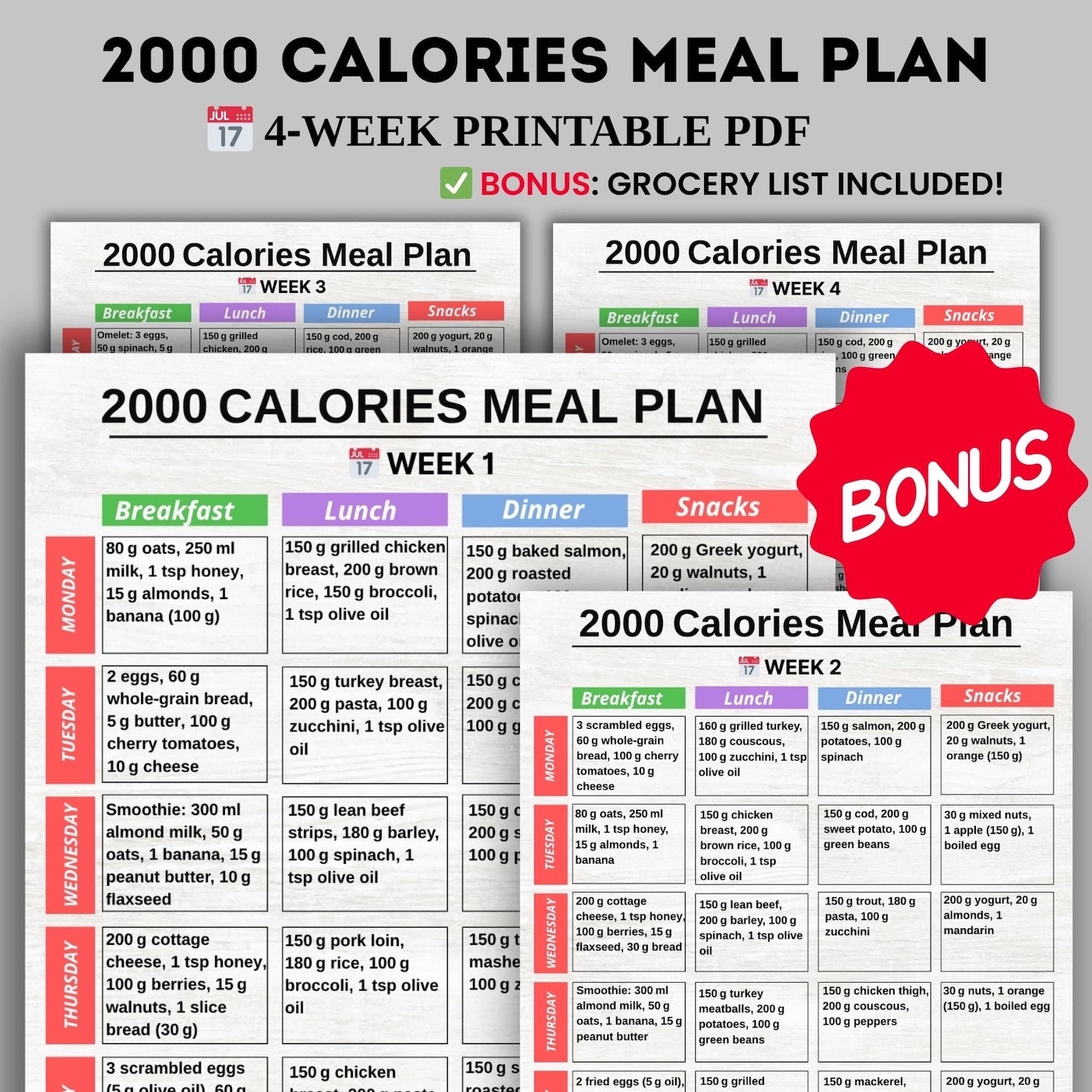 2000 Calories Meal Plan Printable PDF, 4 Week 2000 Calories Meal ...