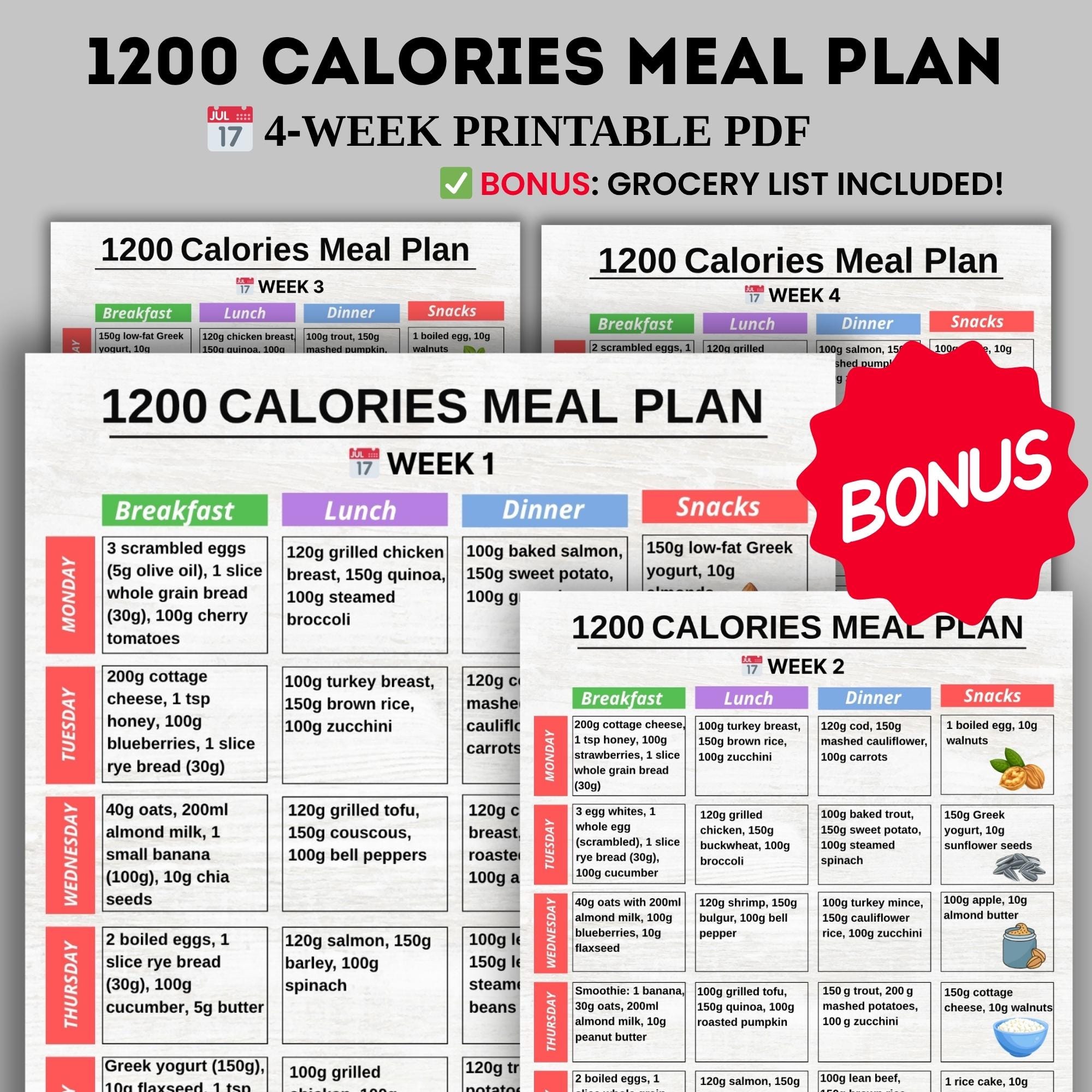 1200 Calorie Meal Plan 4-week PDF, 1200 Calories Diet Food List, 1200 ...