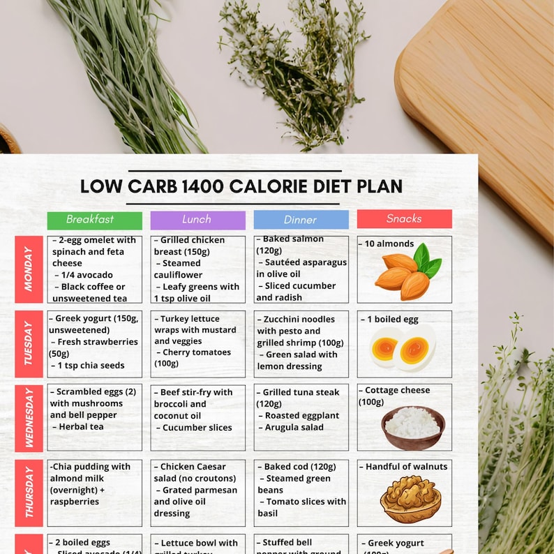 1400 Calorie Low Carb Meals PDF | 7-day Printable Food List | PCOS ...