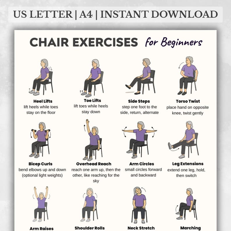 Chair Exercises for Beginners Printable | Seated Workout Chart | Low ...