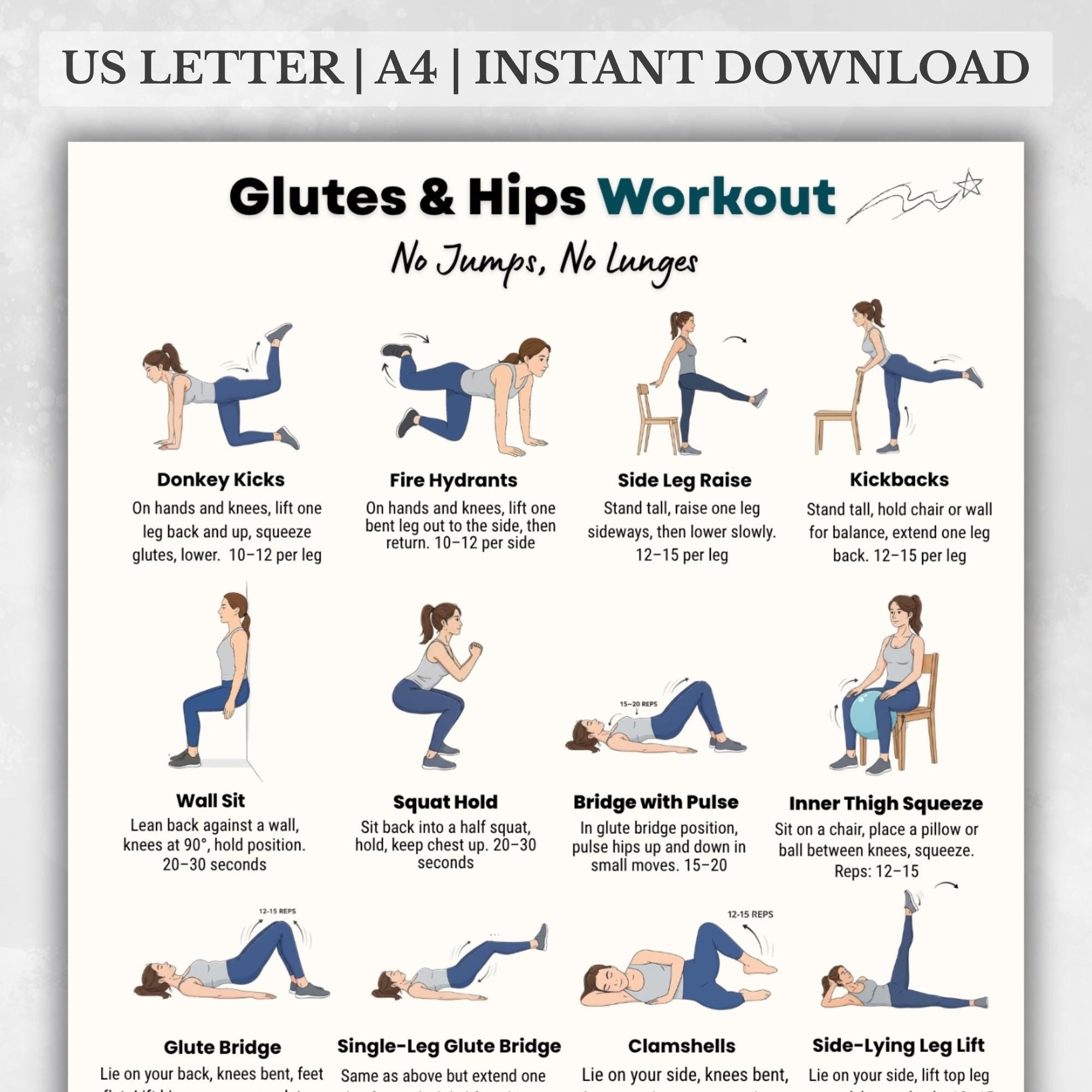 Glutes and Hips Workout | Printable Exercise Chart | No Jump Home ...
