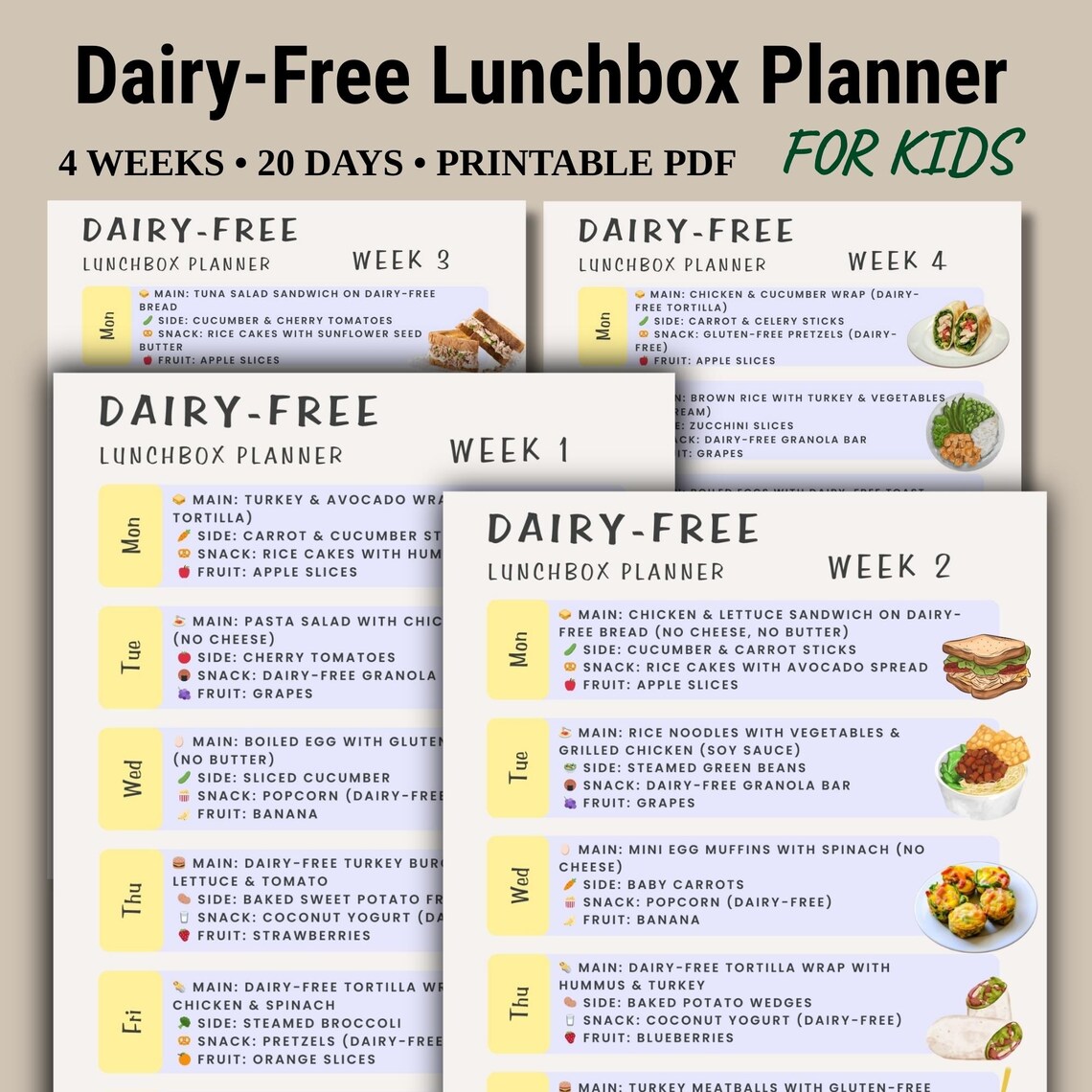 Dairy Free Lunchbox Planner for Kids, Dairy-free School Lunch Ideas, 4 ...