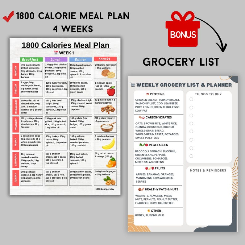 1800 Calories Meal Plan Printable PDF, 4 Week 1800 Calories Meal ...