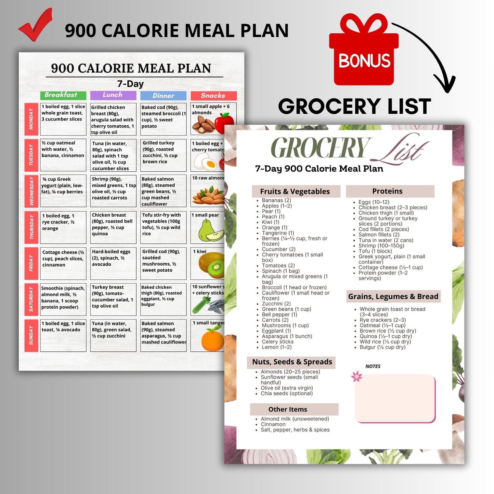 900 Calorie Meal Plan PDF – 7 Day Printable Low Cal Menu + Grocery List ...
