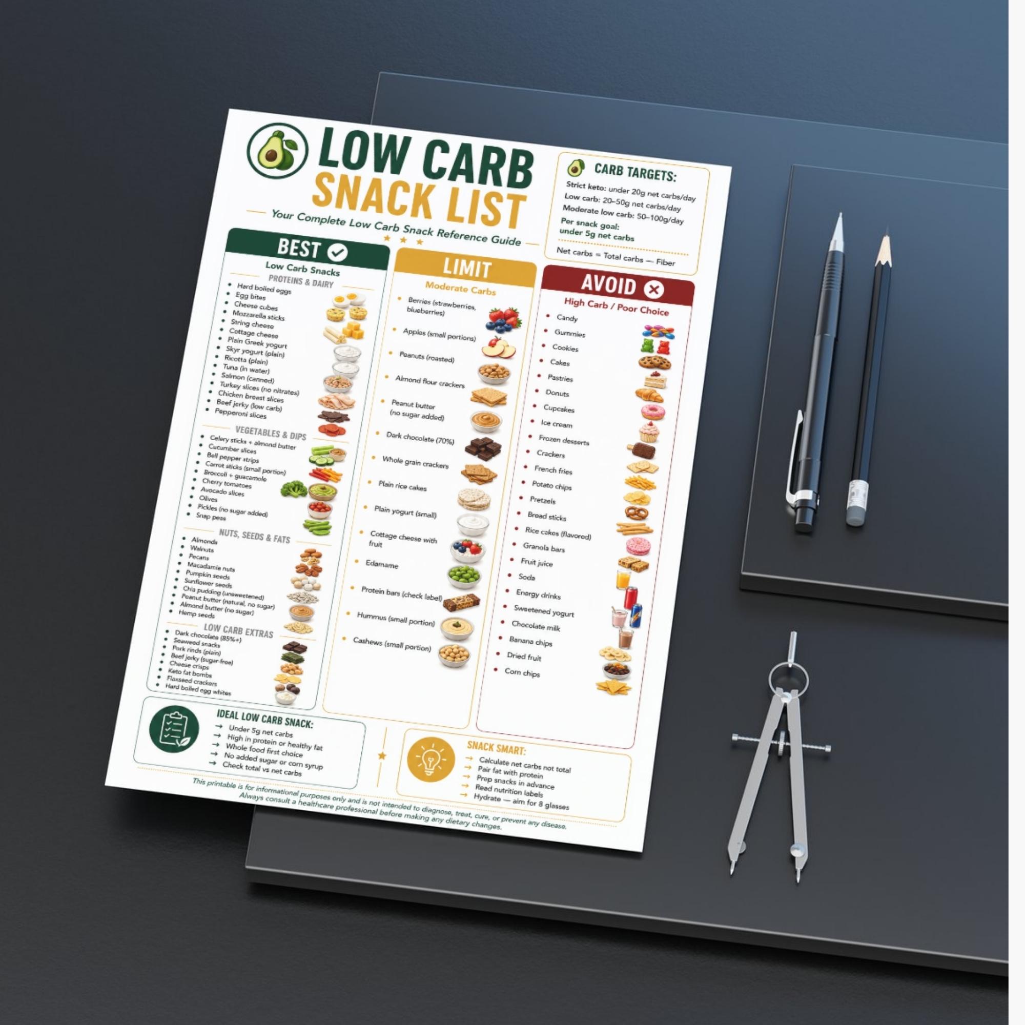Low Carb Snack List Printable, Low Carb Snacks Reference Guide PDF ...