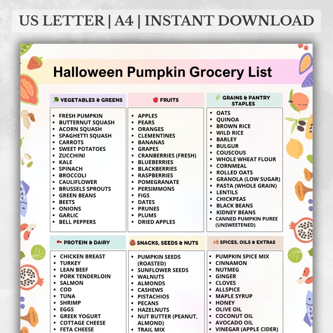 Halloween Pumpkin Grocery List Printable PDF | Fall Grocery List ...