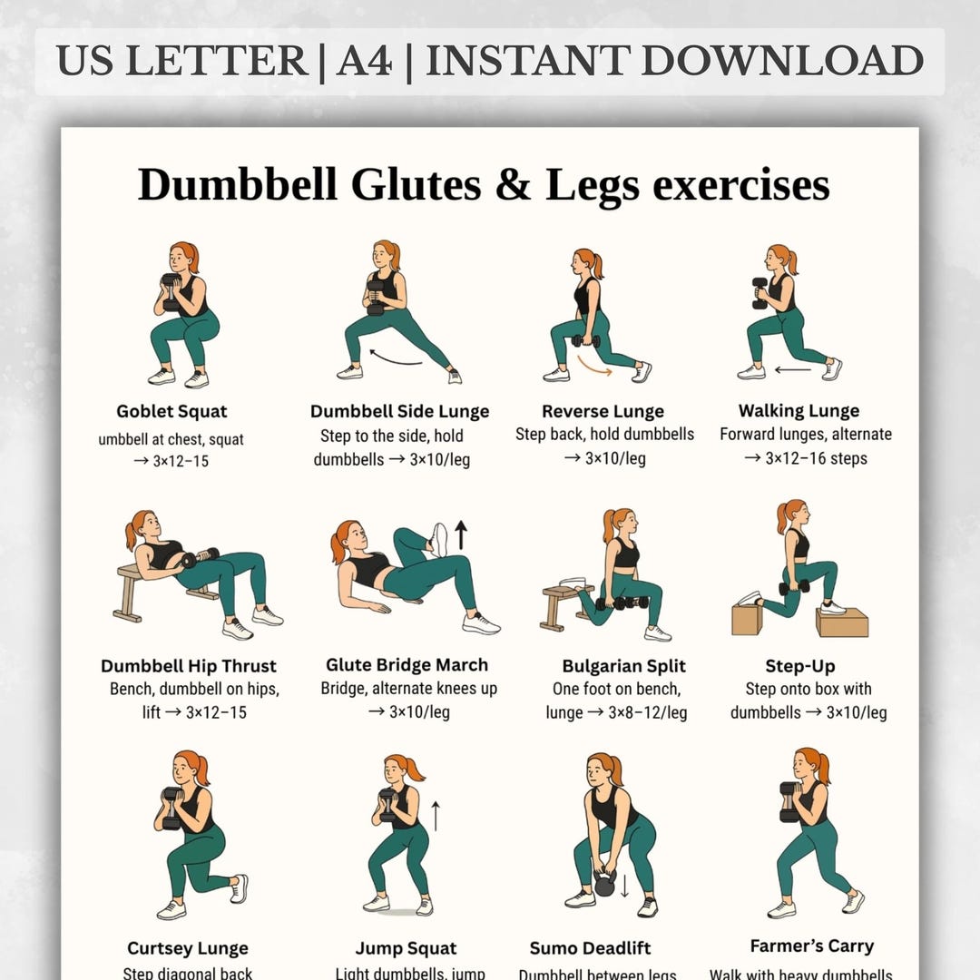Dumbbell Glutes and Legs Exercises Printable | Lower Body Workout Chart ...